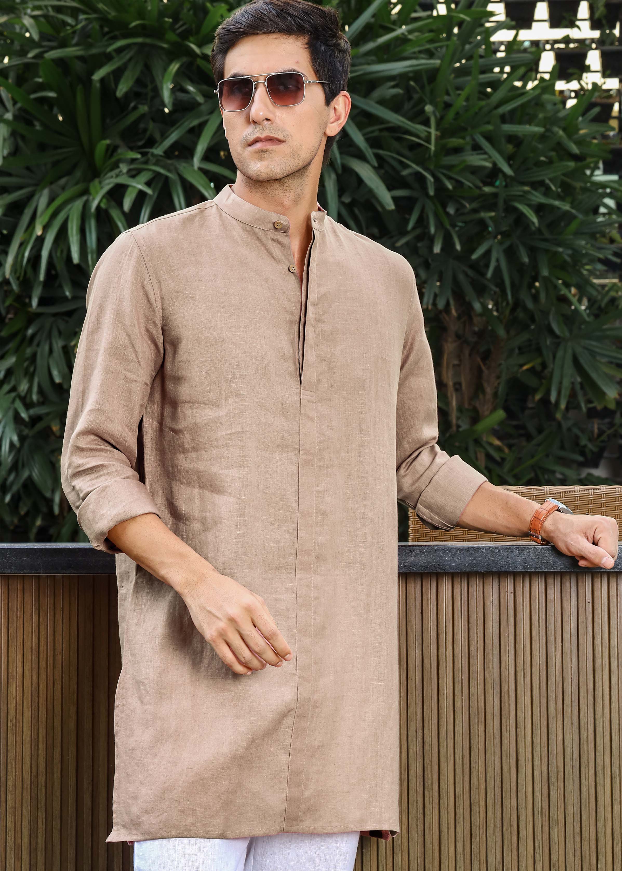 Mocha Full Sleeve Pure Linen Long Kurta With Concealed Placket – Linen Trail