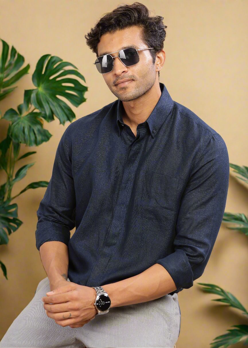 Navy Blue Buttoned Down Pure Linen Full Sleeve Shirt for Men – Linen Trail