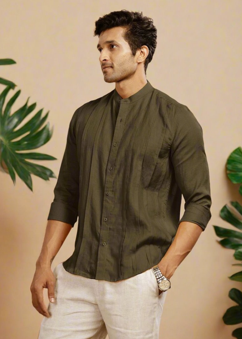 Moss Green Pure Linen Full Sleeve Shirt with Space Tucks & Band Collar ...