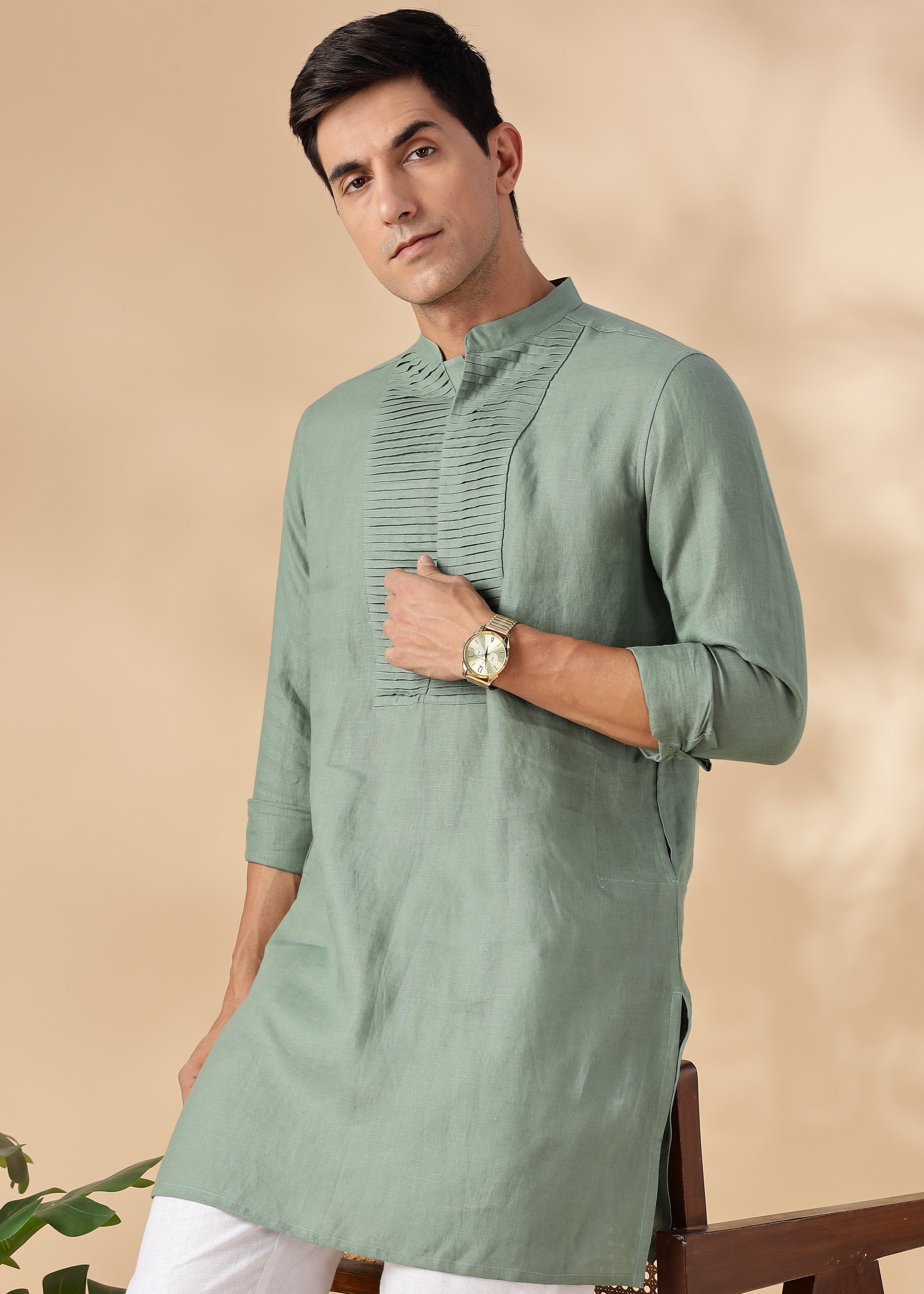 Spring Green Pure Linen Long Kurta with Space Tucks for Men – Linen Trail