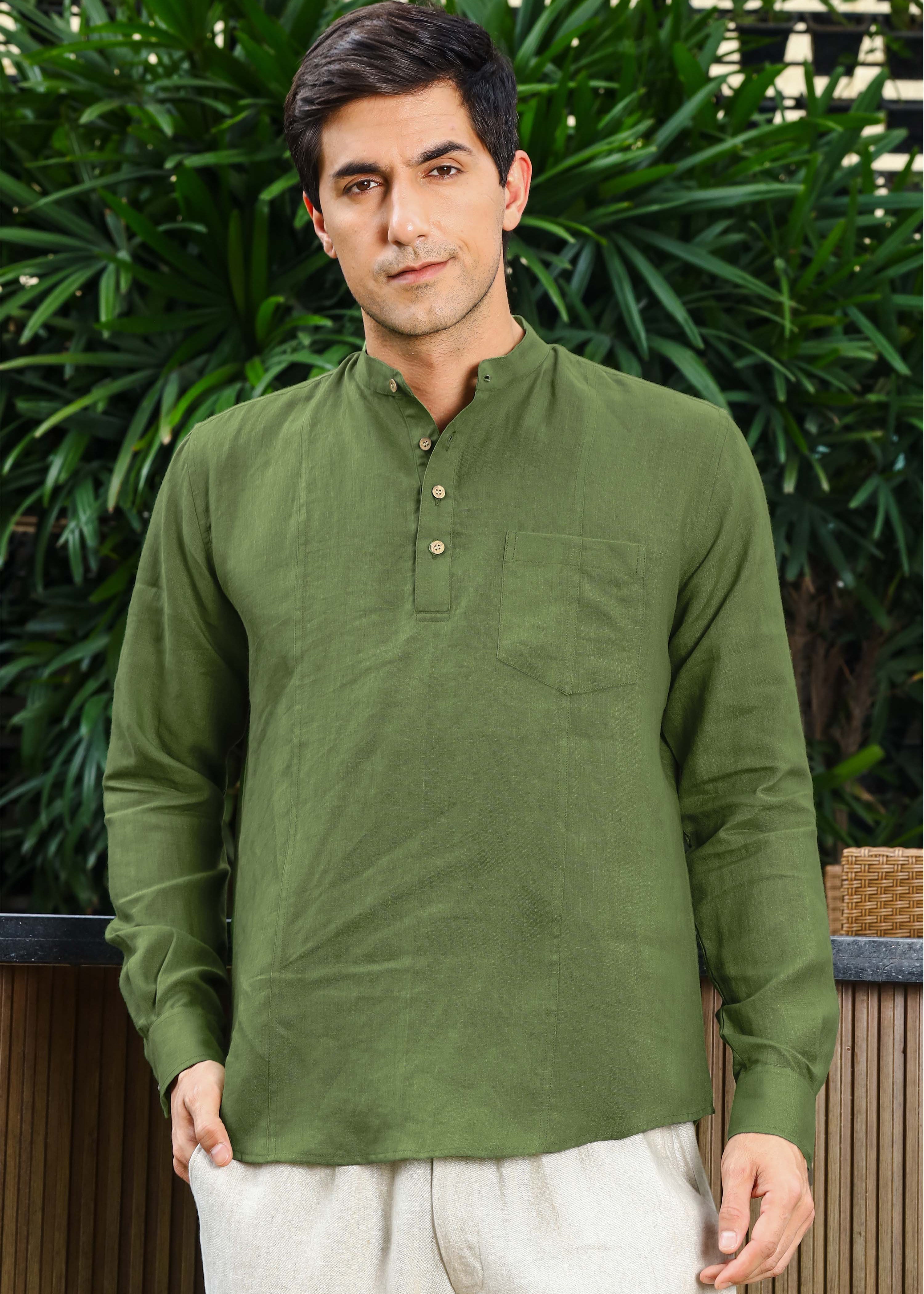 Cossack Green Pure Linen Mandarin Collar Half Placket Full Sleeve Shirt ...