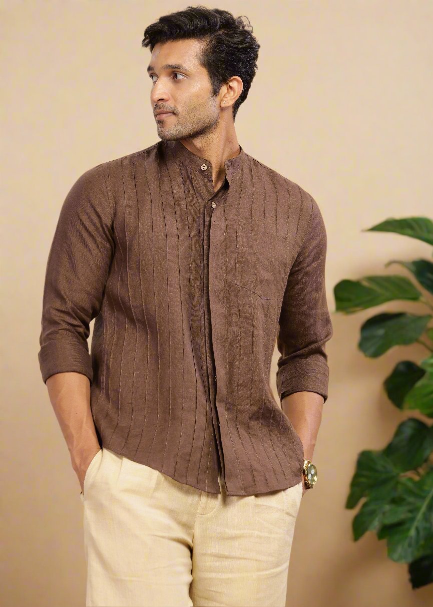 Coffee Brown Pure Linen Full Sleeve Shirt and Collar and Pin Tucks for ...