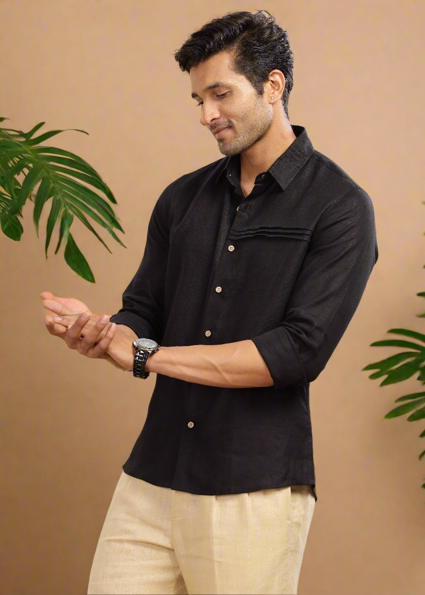 Black Pure Linen Full Sleeve Shirt with Space Tucks & Stitch Detailing ...