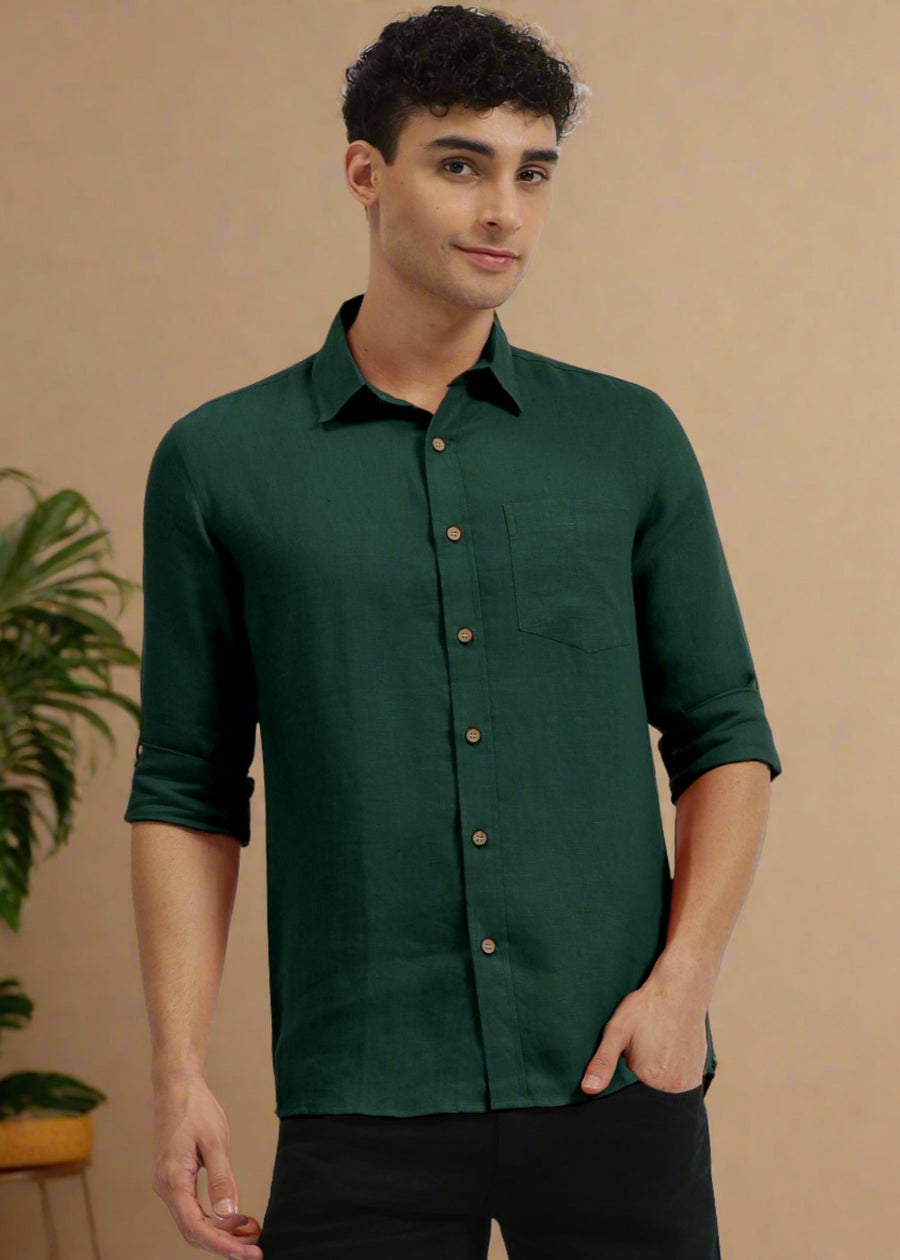Dark Pine Green Pure Linen Full Sleeve Shirt – Linen Trail