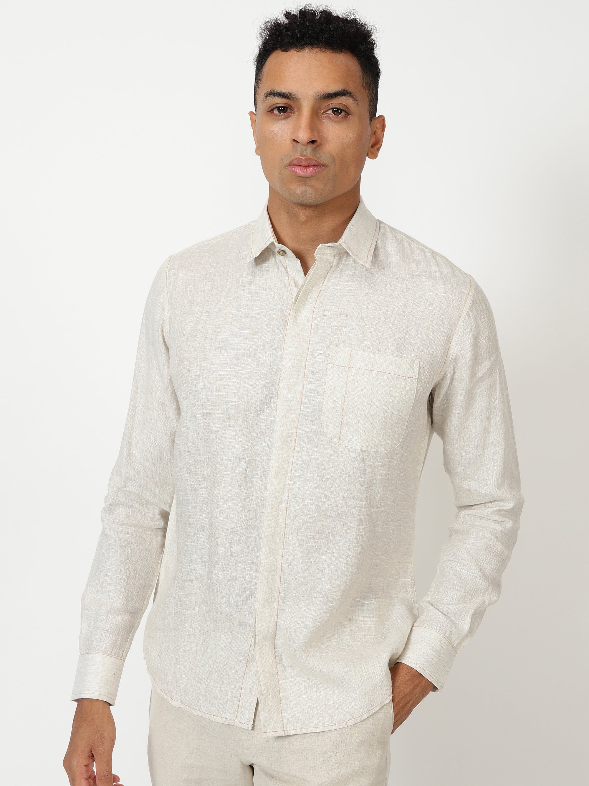 Light Ecru Pure Linen Stitch Detailed Full Sleeve Shirt – Linen Trail