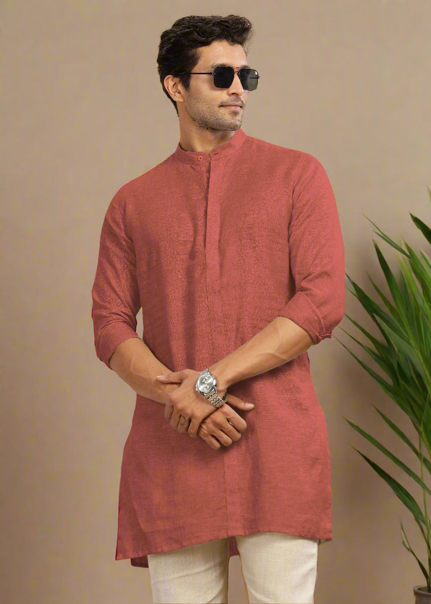 Terracotta Red Full Sleeve Pure Linen Long Kurta With Concealed Placket ...