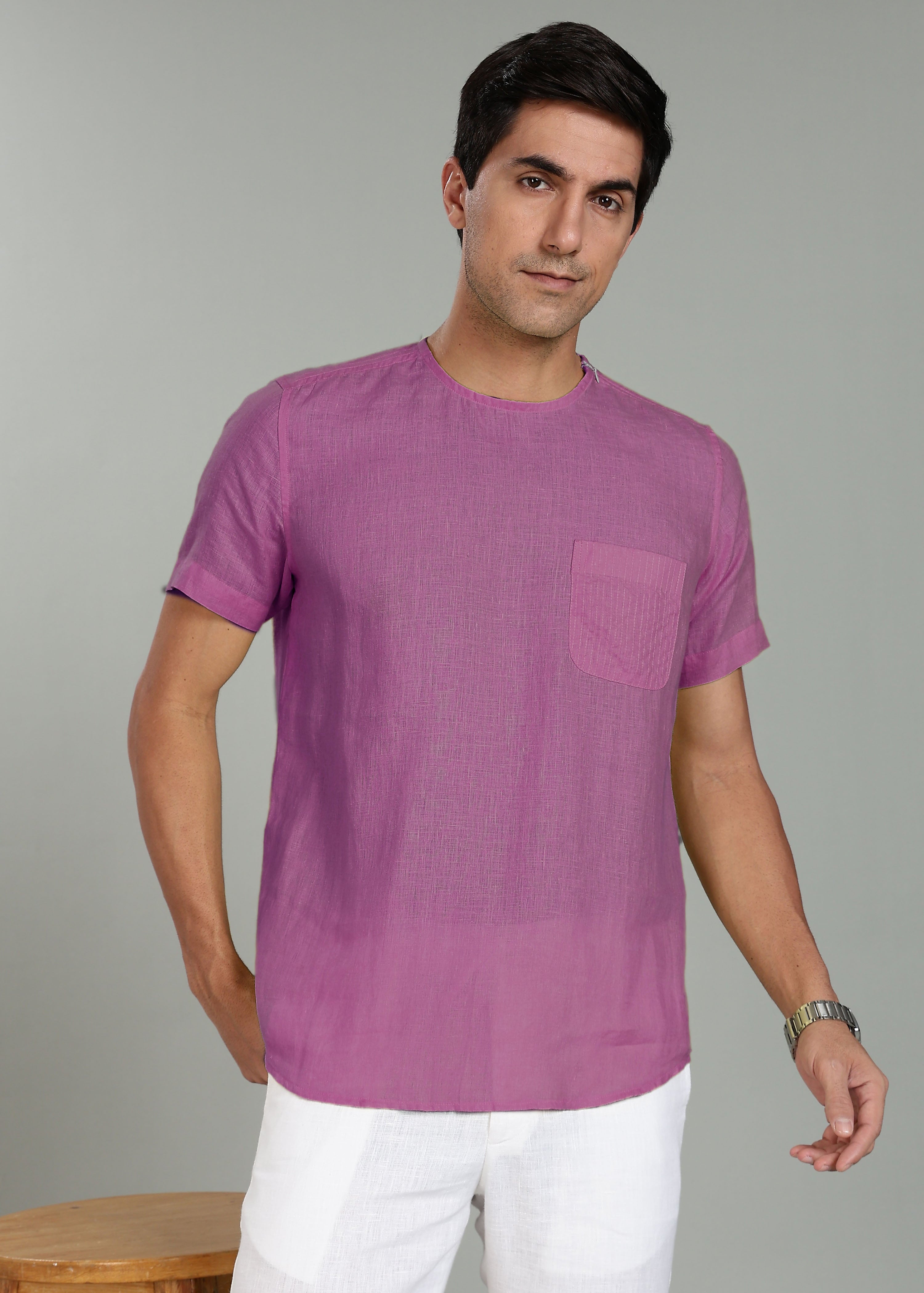 Berry Purple Pure Linen Colour Block Short Sleeve T-Shirt – Linen Trail