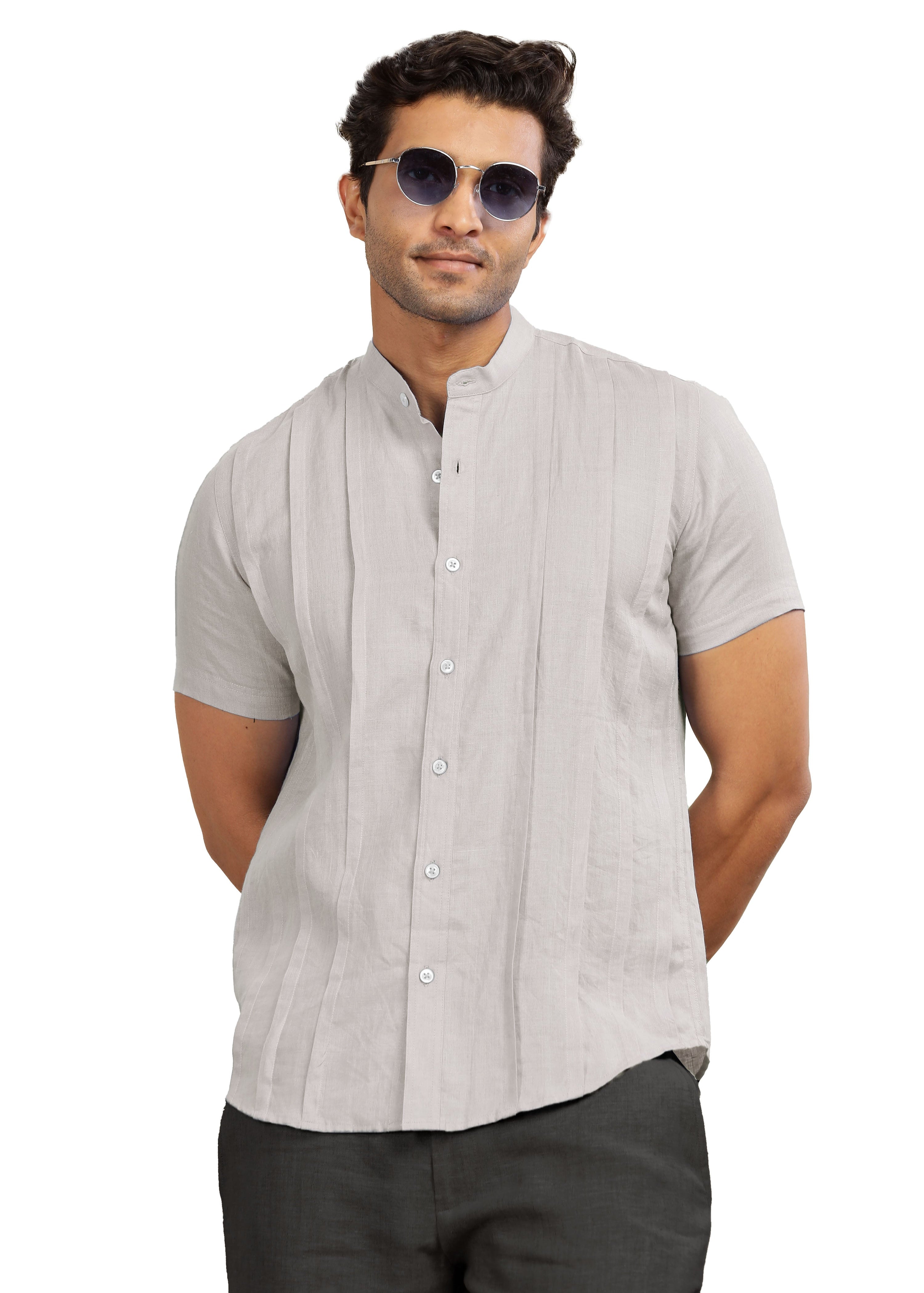 Light Grey Pure Linen Half Sleeve Shirt with Space Tucks & Band Collar ...