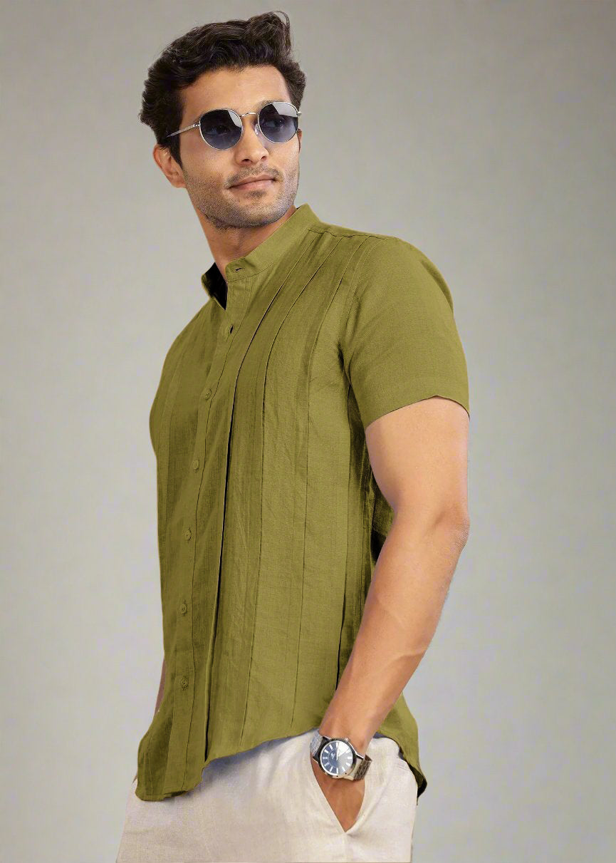 SAP Green Pure Linen Half Sleeve Shirt with Space Tucks & Band Collar ...