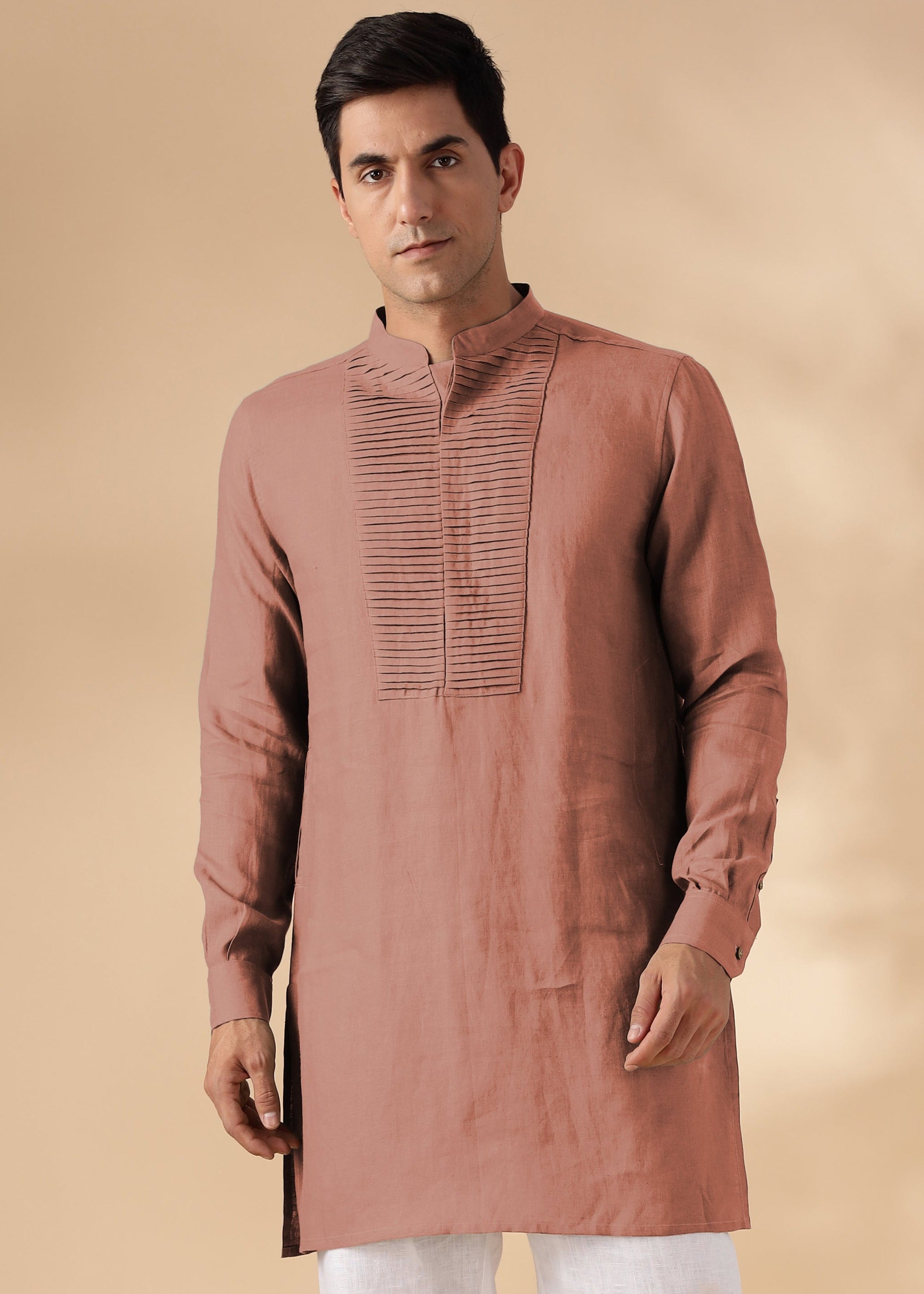 Fondue Pink Pure Linen Long Kurta with Space Tucks for Men – Linen Trail