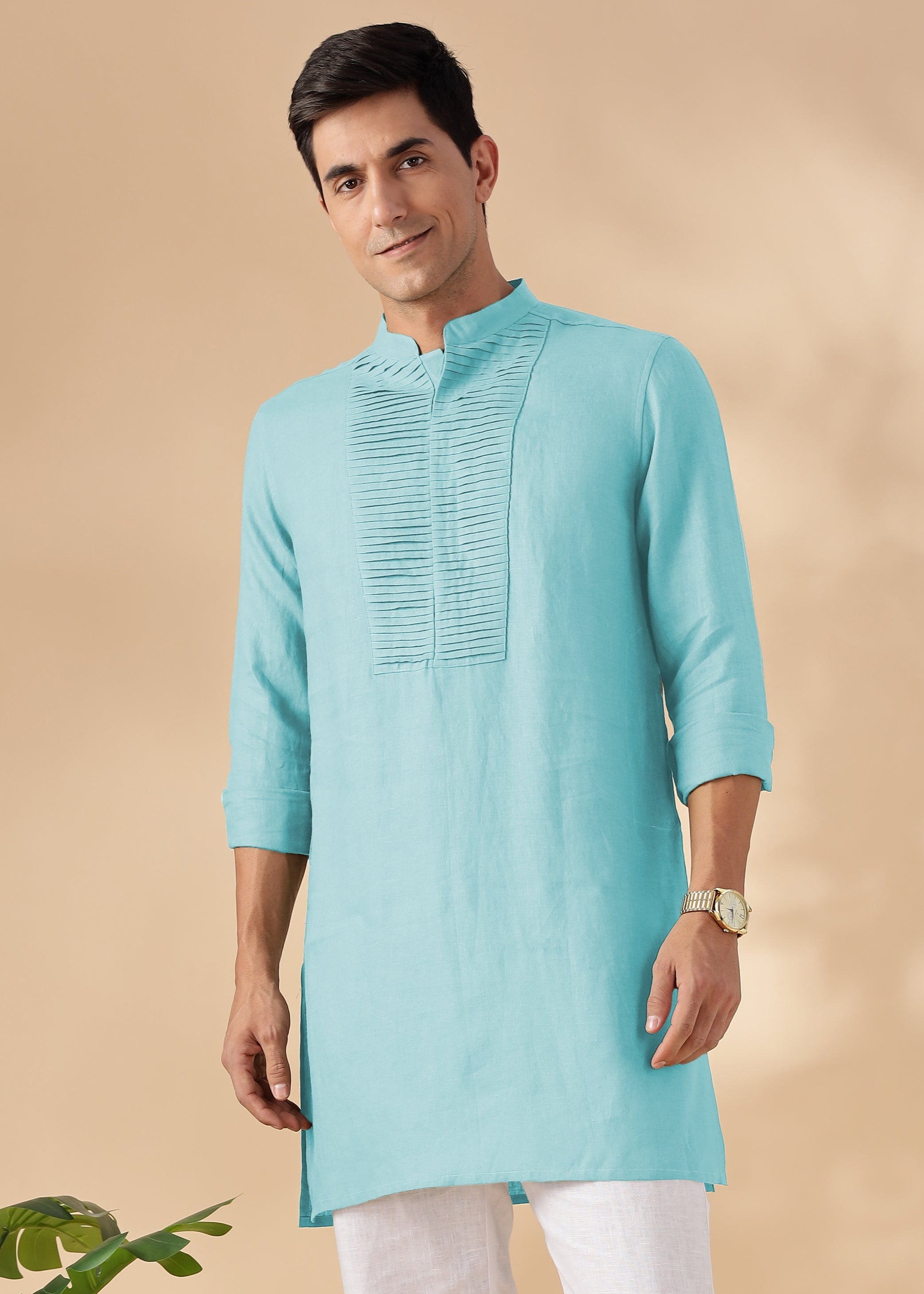 Ice Blue Pure Linen Long Kurta with Space Tucks for Men – Linen Trail