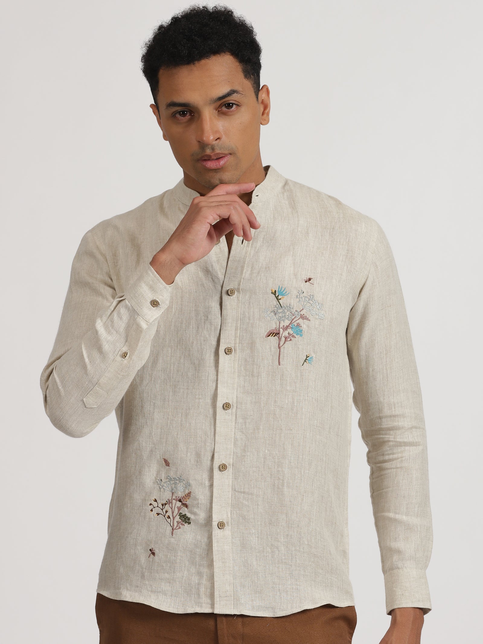 Wilson Pure Linen Hand Embroidered Full Sleeve Shirt Ecru